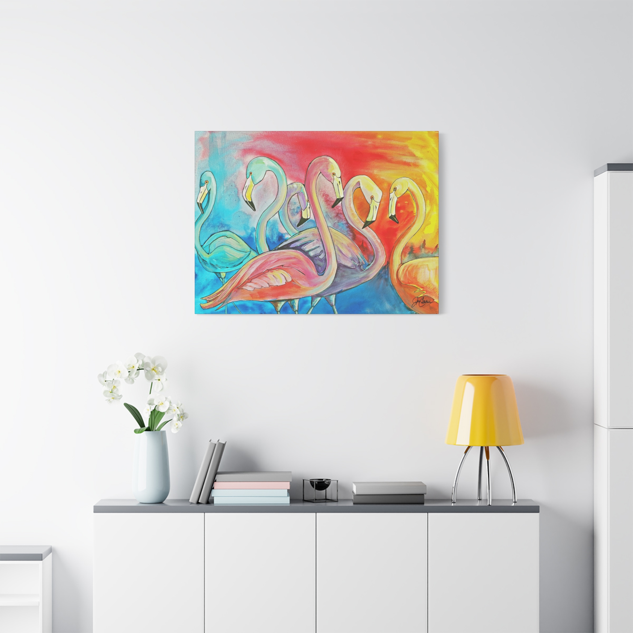 Jen Callahan Art | Rainbow Flamingos Pink Flamingo Wall Art Original ...